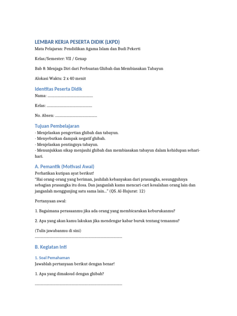 LKPD Ghibah Dan Tabayun Kelas7 | PDF