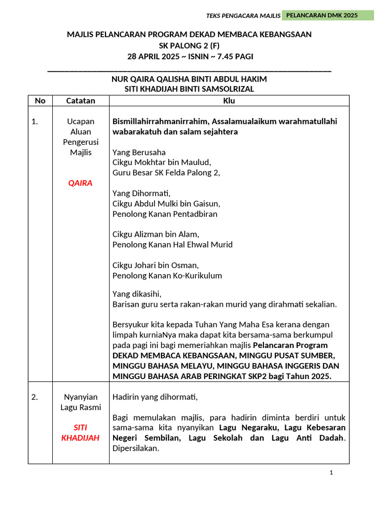 Teks Emcee Majlis Dekad Membaca 2025 | PDF