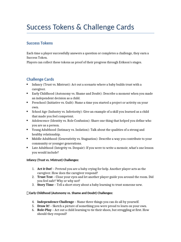 Success Tokens Challenge Cards | PDF | Psychological Concepts | Child ...
