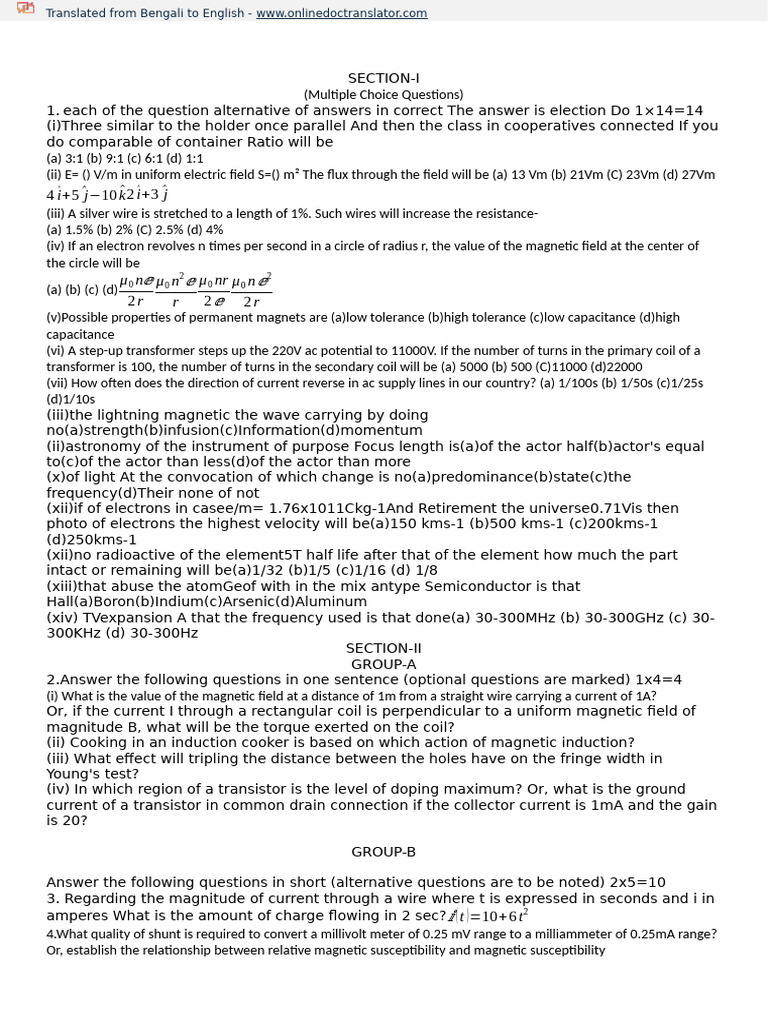 Physics Test 2024 (XII) BENG - Bn.en | PDF | Matter | Transformer