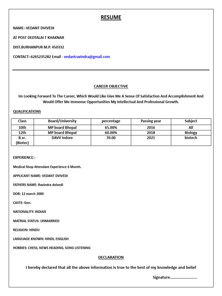 Vedant Dwivedi's Resume Summary | PDF