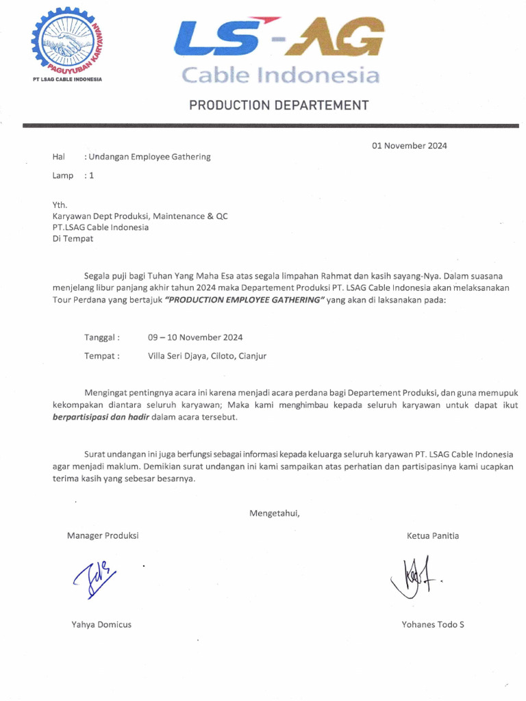 Undangan Employee Gathering LSAG 9 - 10 NOV 2024 | PDF