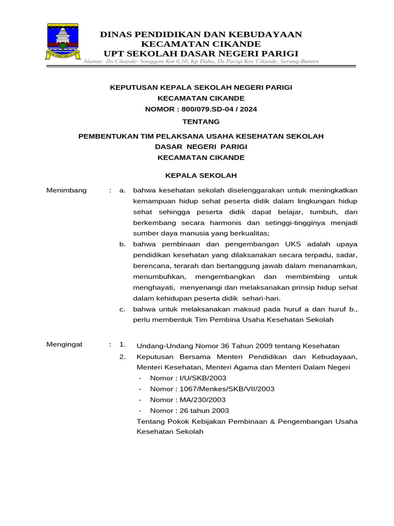 Contoh SK Tim Pembina Uks Lembaga | PDF