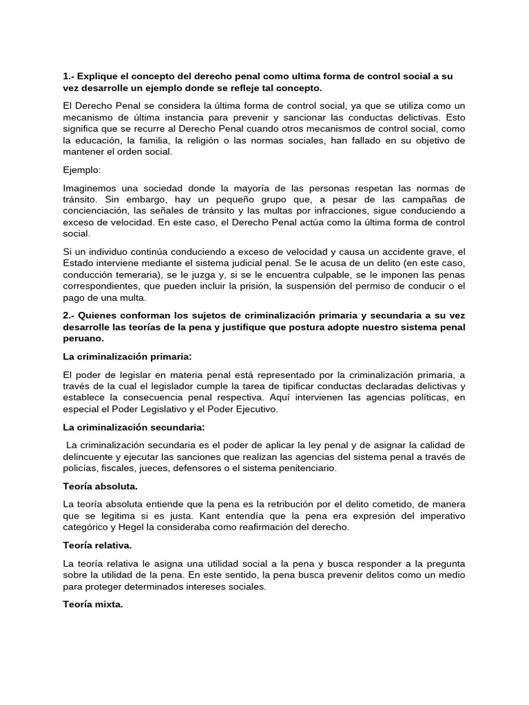 EXAMEN DE DERECHO PENAL PARTE GENERAL | PDF | Castigos | Derecho penal