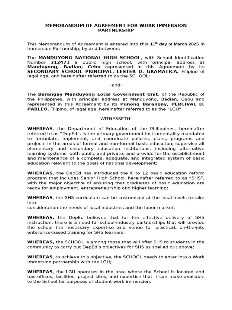 MEMORANDUM OF AGREEMENT FOR WORK IMMERSION PARTNERSHIP Bugas | PDF ...