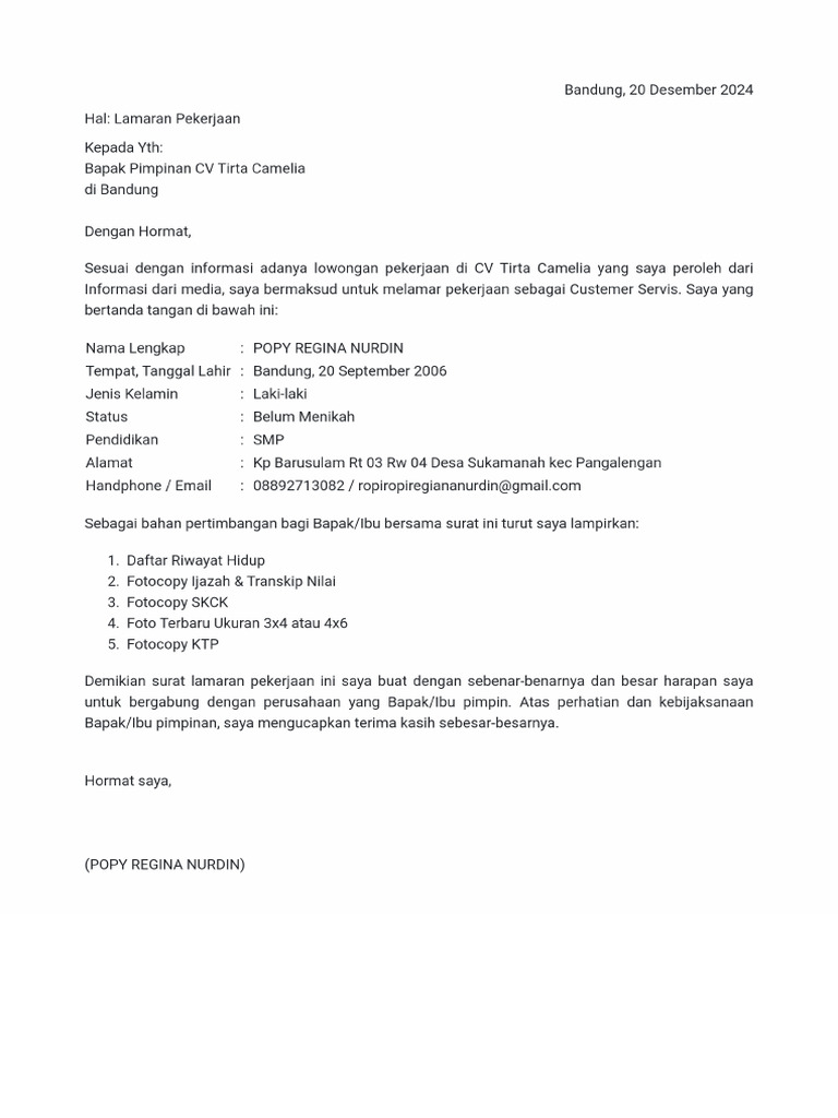 Lamaran-CV Tirta Camelia | PDF