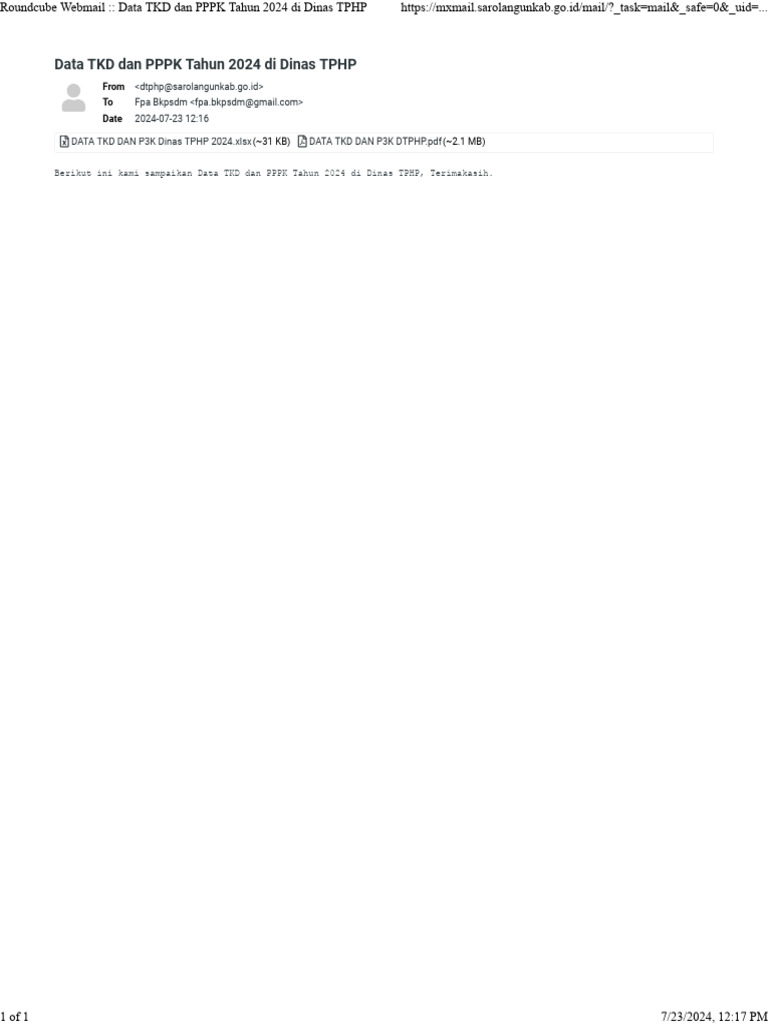 Roundcube Webmail Data TKD Dan PPPK Tahun 2024 Di Dinas TPHP | PDF