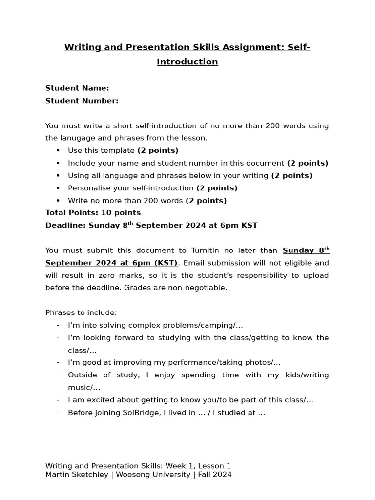 Self-Introduction Assignment Guide | PDF