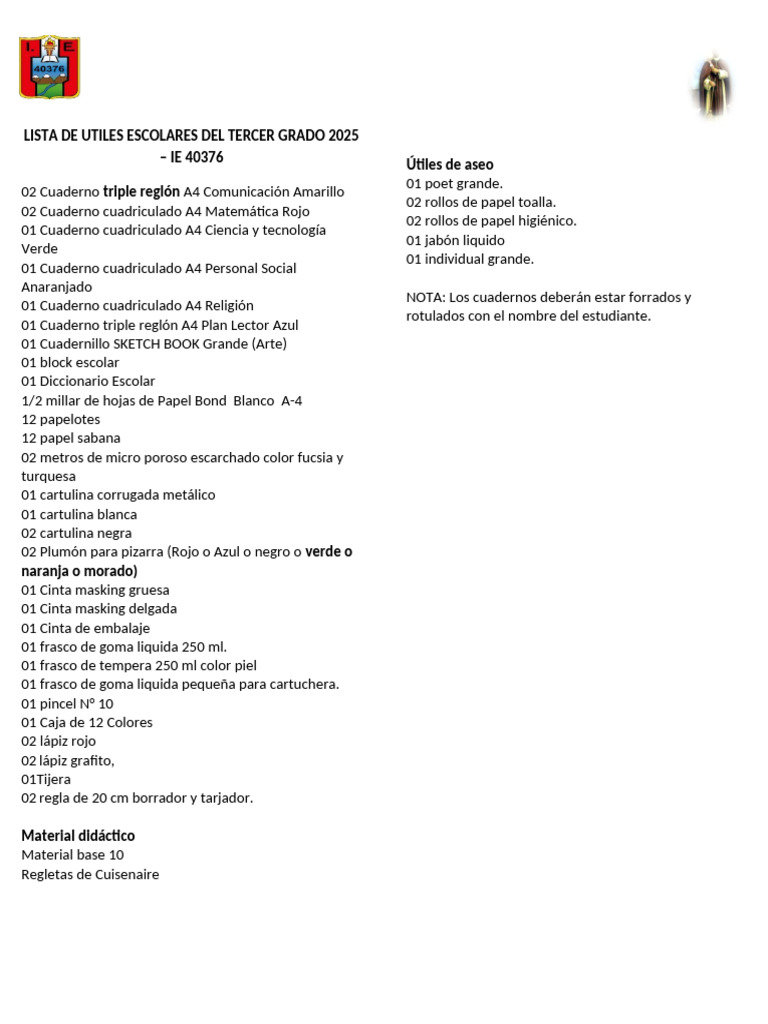 Lista de útiles 3ro 2025 | PDF