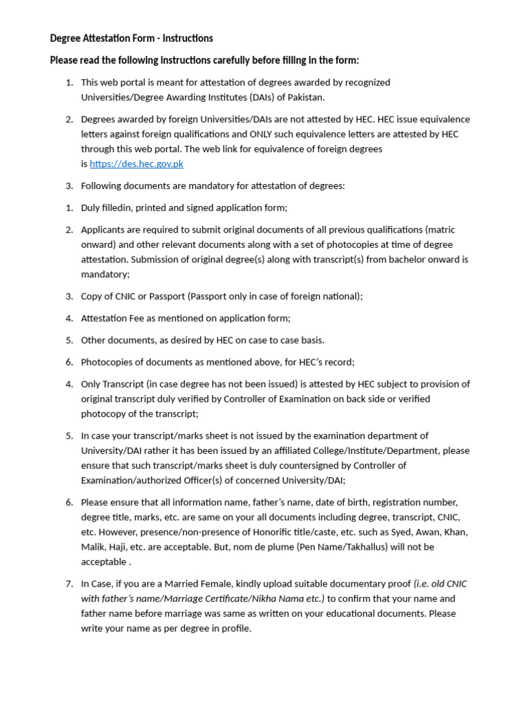 Degree Attestation Form HEC | PDF