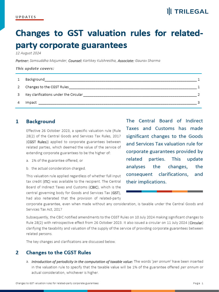 Trilegal Update - Changes To GST Valuation Rules For Related Party Corporate Guarantees | PDF ...