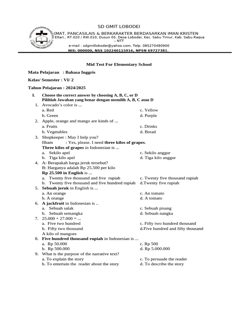 Mid Test: English for Grade VI | PDF