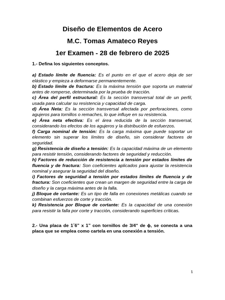 1er EXAMEN DE DISEÑO DE ELEMENTOS DE ACERO 28 Feb 2025 | PDF | Estrés (Mecánica) | Fractura