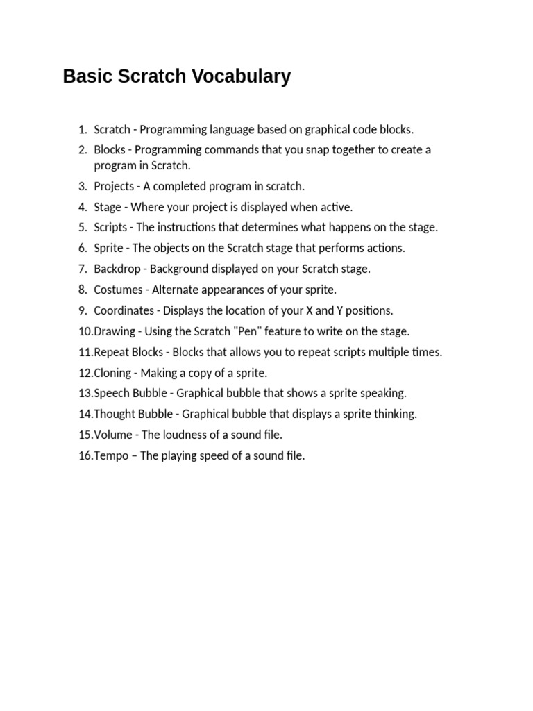 Basic Scratch Vocabulary | PDF