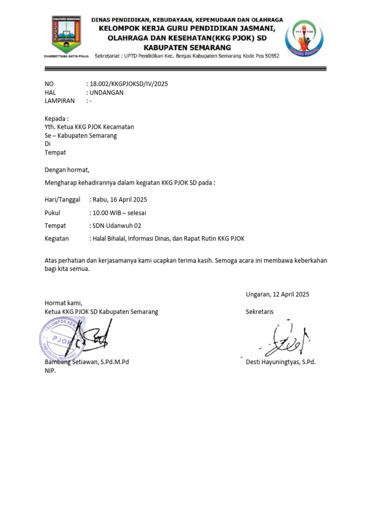 Undangan Halal Bihalal Dan Rapat KKG PJOK Kab 2025 | PDF