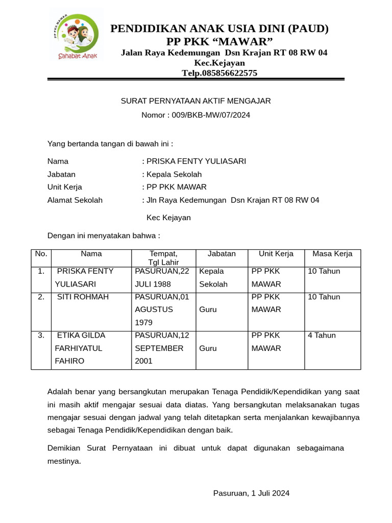 SURAT PERNYATAAN HONOR PAUD 2025 | PDF
