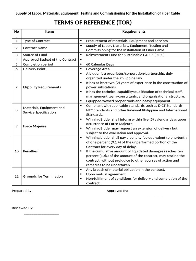 Fiber Cable Installation TOR Document | PDF | Civil Law (Legal System ...