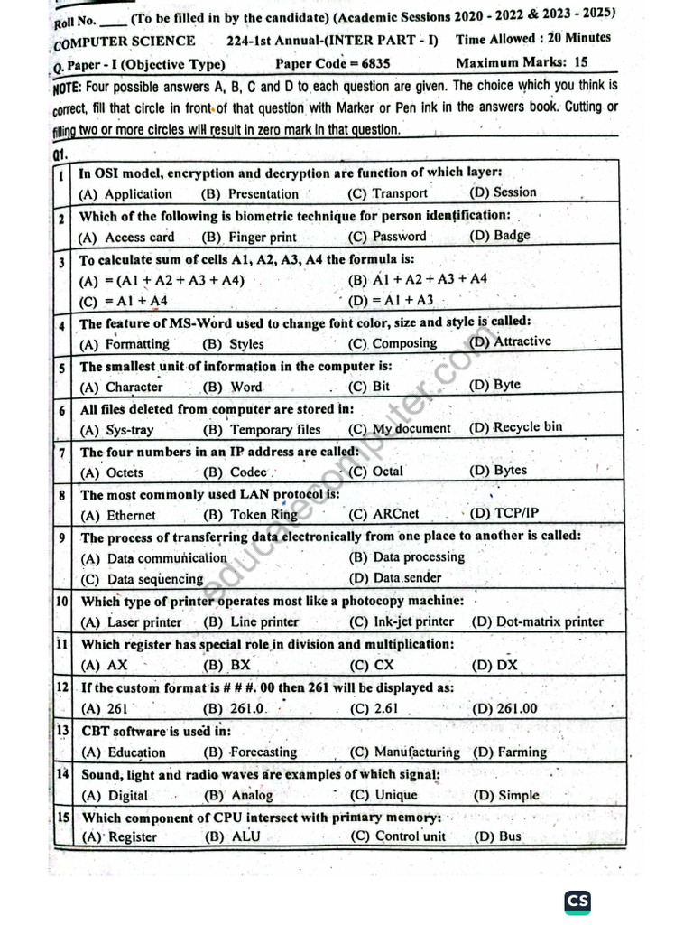 Class 11 Computer Past Papers Lahore Board Group 1 | PDF