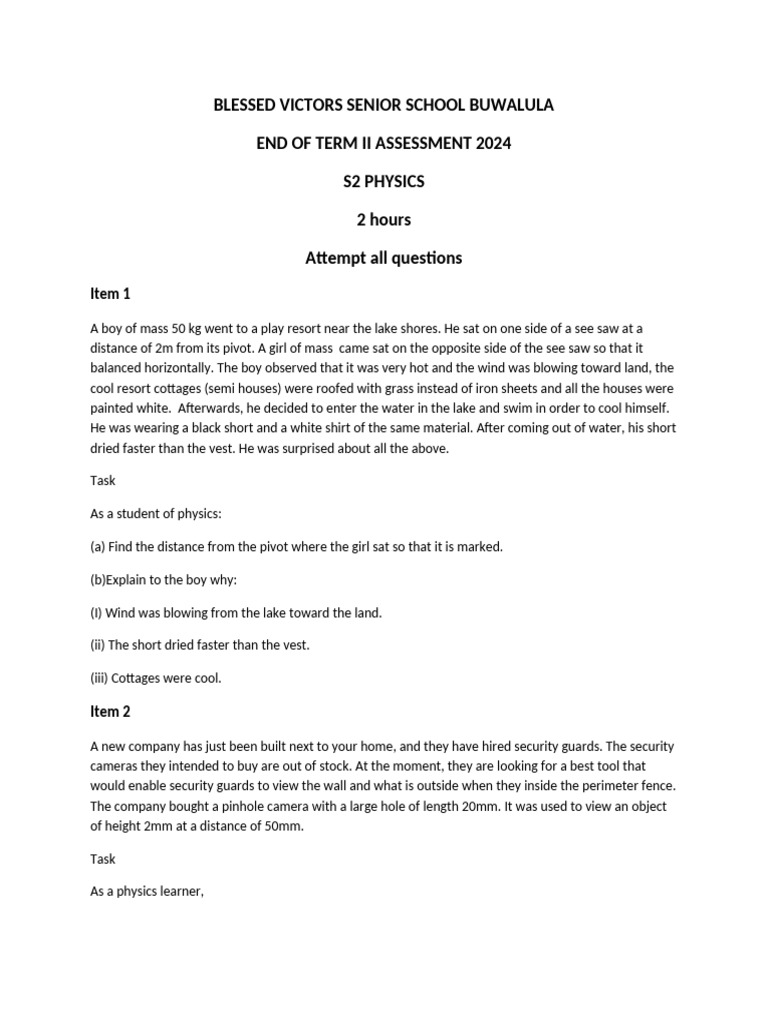 S2 Physics EOT II 2024 (Edited by Ochola) | PDF | Thermometer