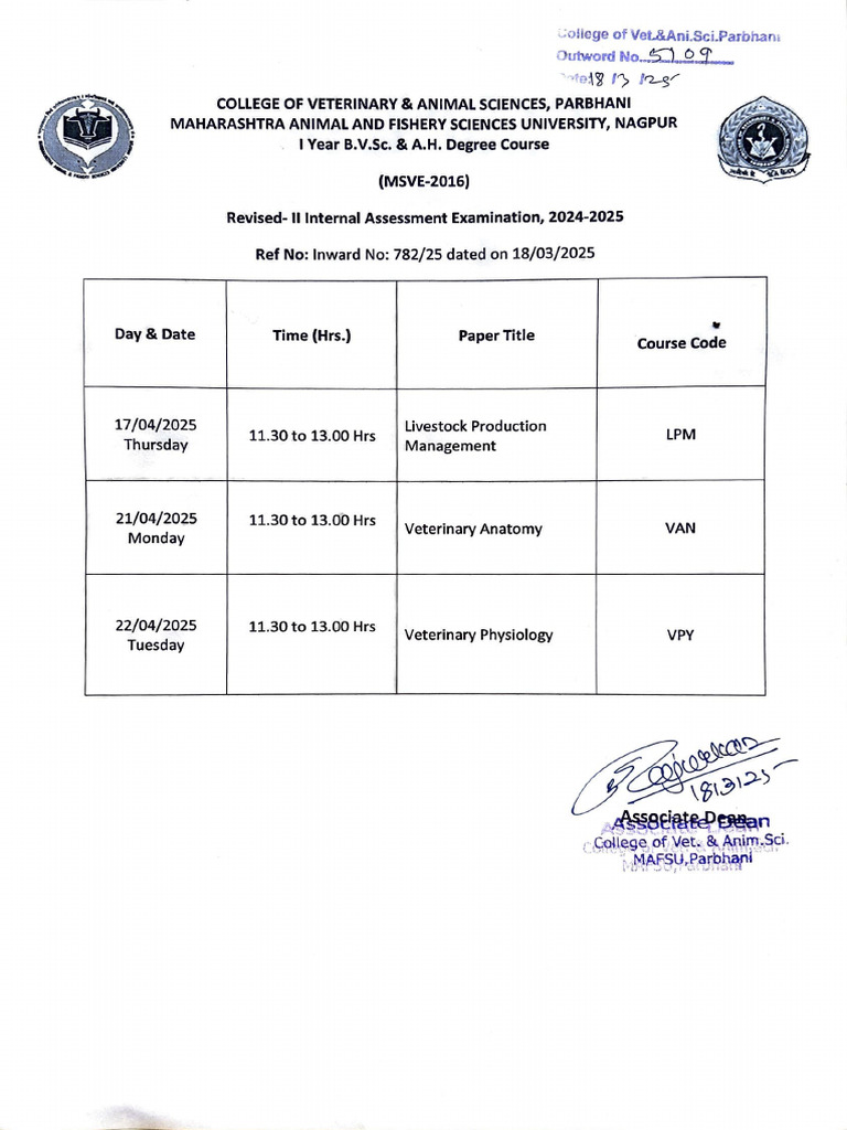Revised Time Table I Year II Assessment Examination 2024-25 | PDF