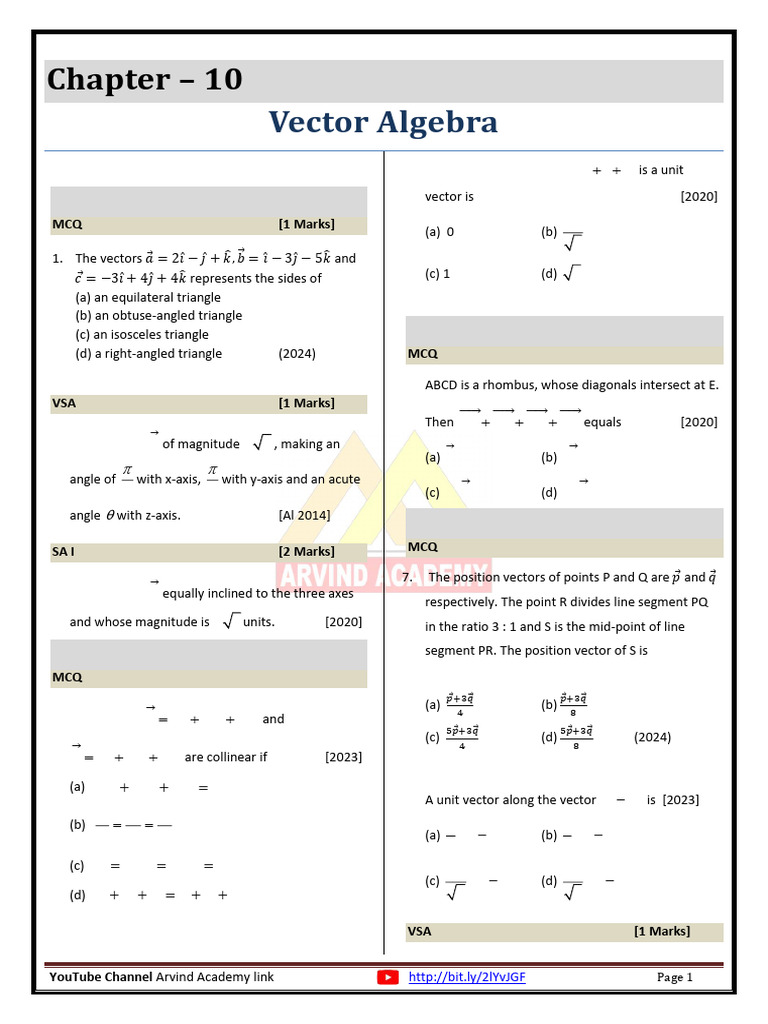 Chap 10 Questions Vector Algebra | PDF | Euclidean Vector | Geometry