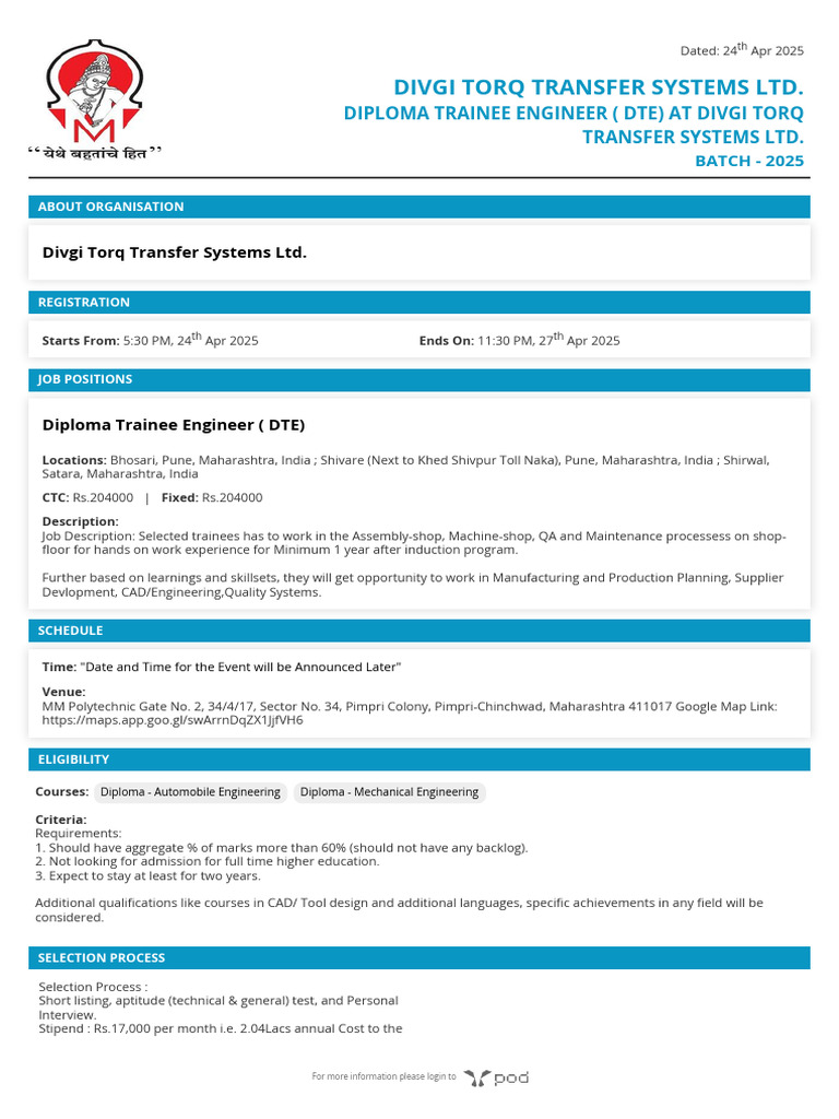 Diploma Trainee Engineer (DTE) at Divgi Torq Transfer Systems Ltd ...