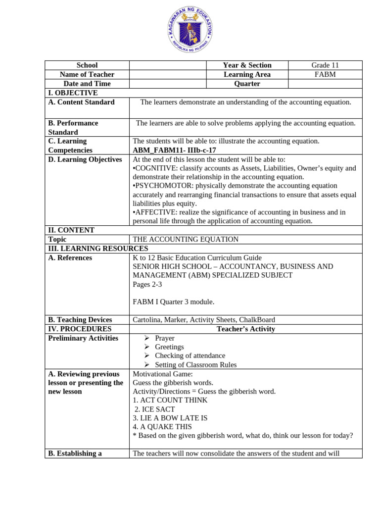 Lesson-Plan GRADE11 FABM | PDF | Equity (Finance) | Debits And Credits
