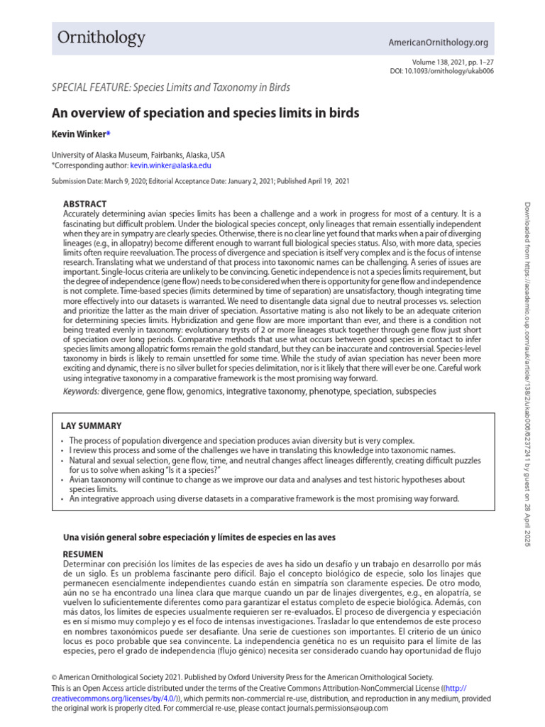 Winker - 2021 - An Overview of Speciation and Species Limits in Birds ...