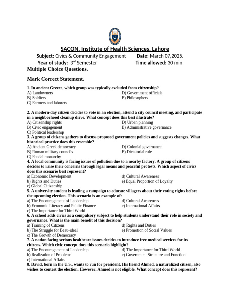 Civics Unit 1 Test Overview | PDF | Citizenship | Democracy