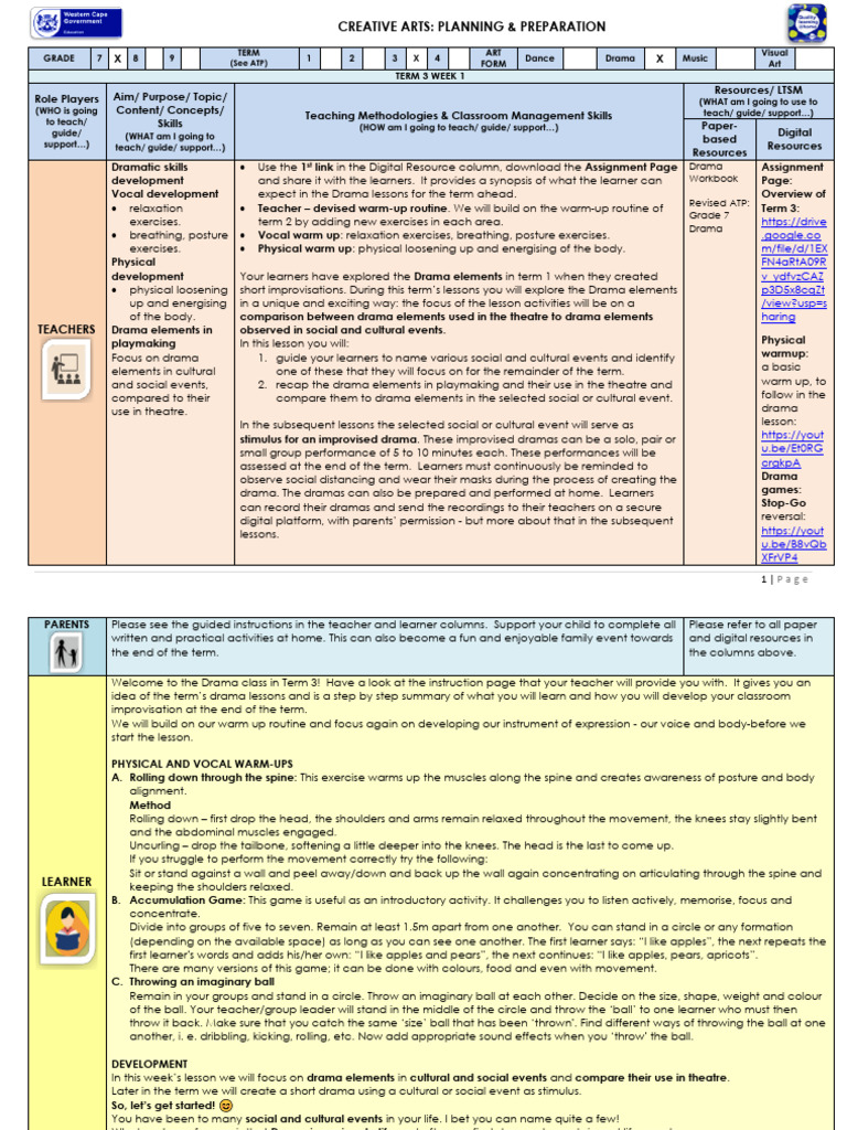 Lesson Plan GR 7 Creative Arts Drama T3 W1 | PDF | Lesson Plan | Learning