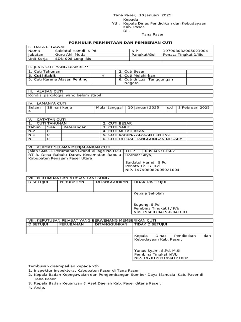 Contoh Formulir Cuti | PDF