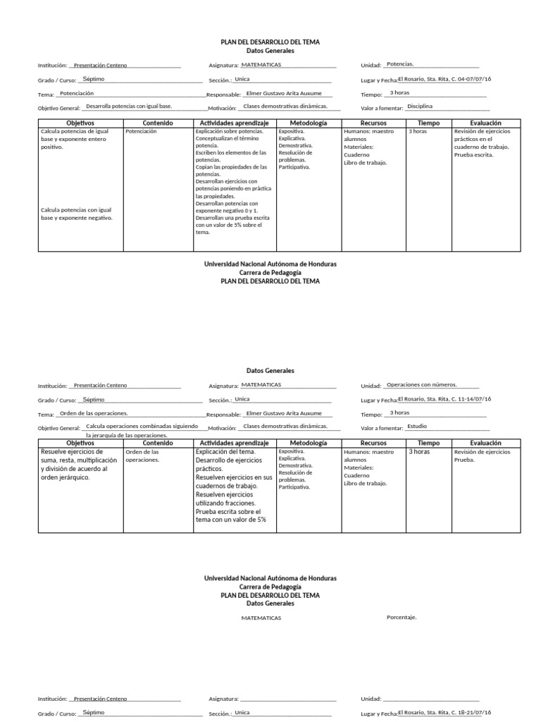 Plan de Clases de MATEMATICAS 7mo Grado | PDF | Porcentaje | Exponenciación