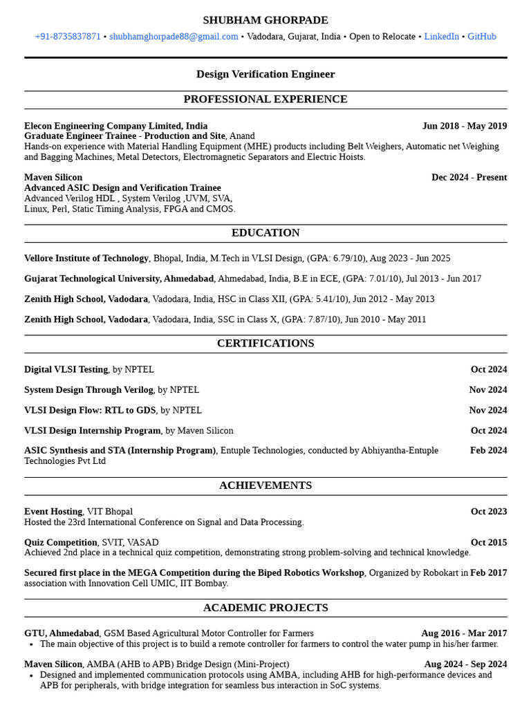 Shubham_Ghorpade_Resume | PDF | Hardware Description Language | Digital ...