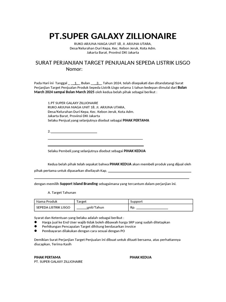 Surat Perjanjian Target Penjualan Lisgo | PDF