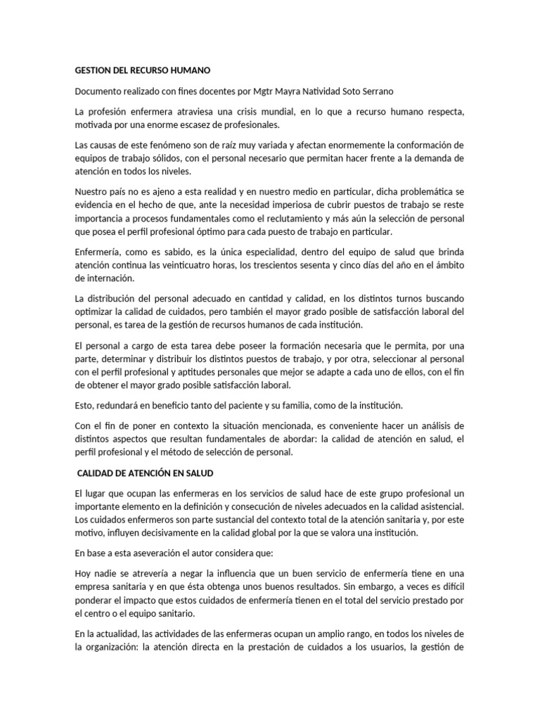 GESTION DEL RECURSO HUMANO | PDF | Reclutamiento | Enfermería