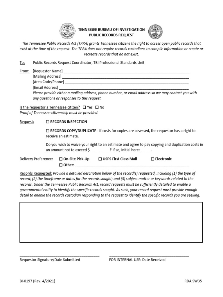 TBI Public Records Request Form | PDF | United States Postal Service