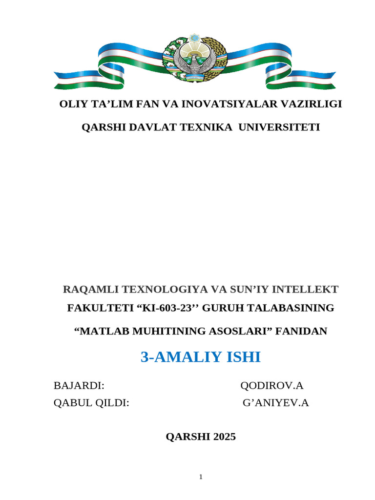 Matlab 3-Amaliy Ish Q.A | PDF