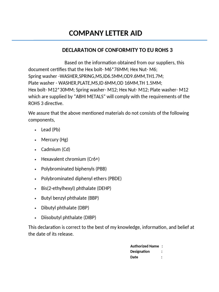ROHS Compliance Format | PDF