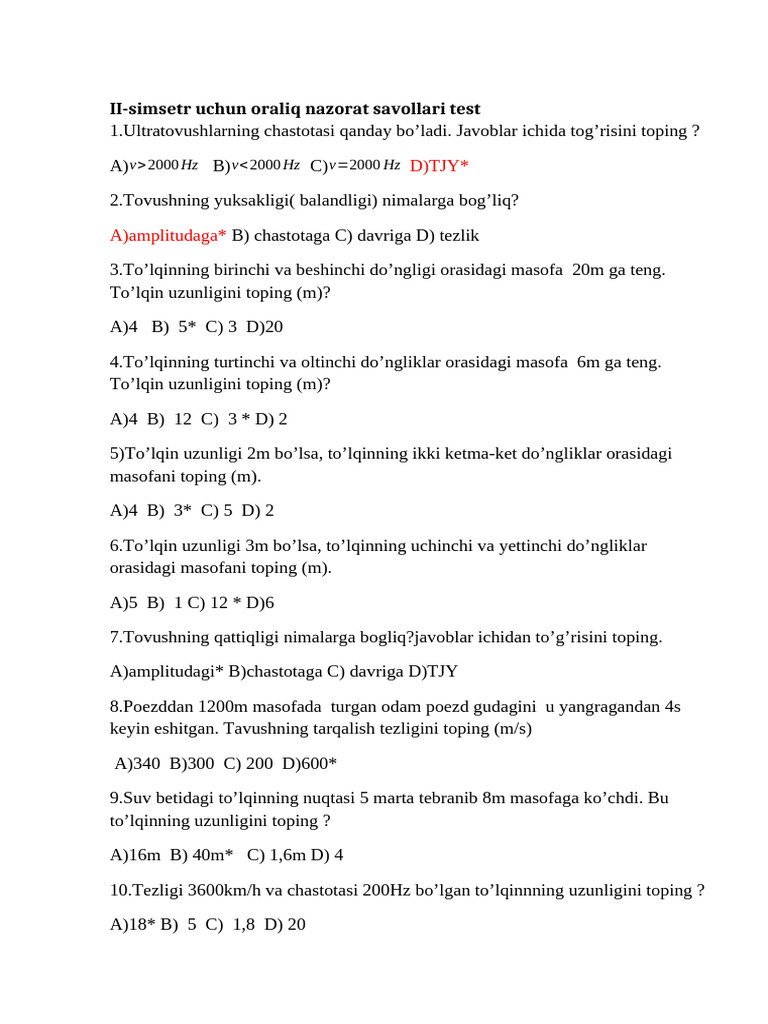 Fizika Oraliq 2024 Javoblari BN | PDF