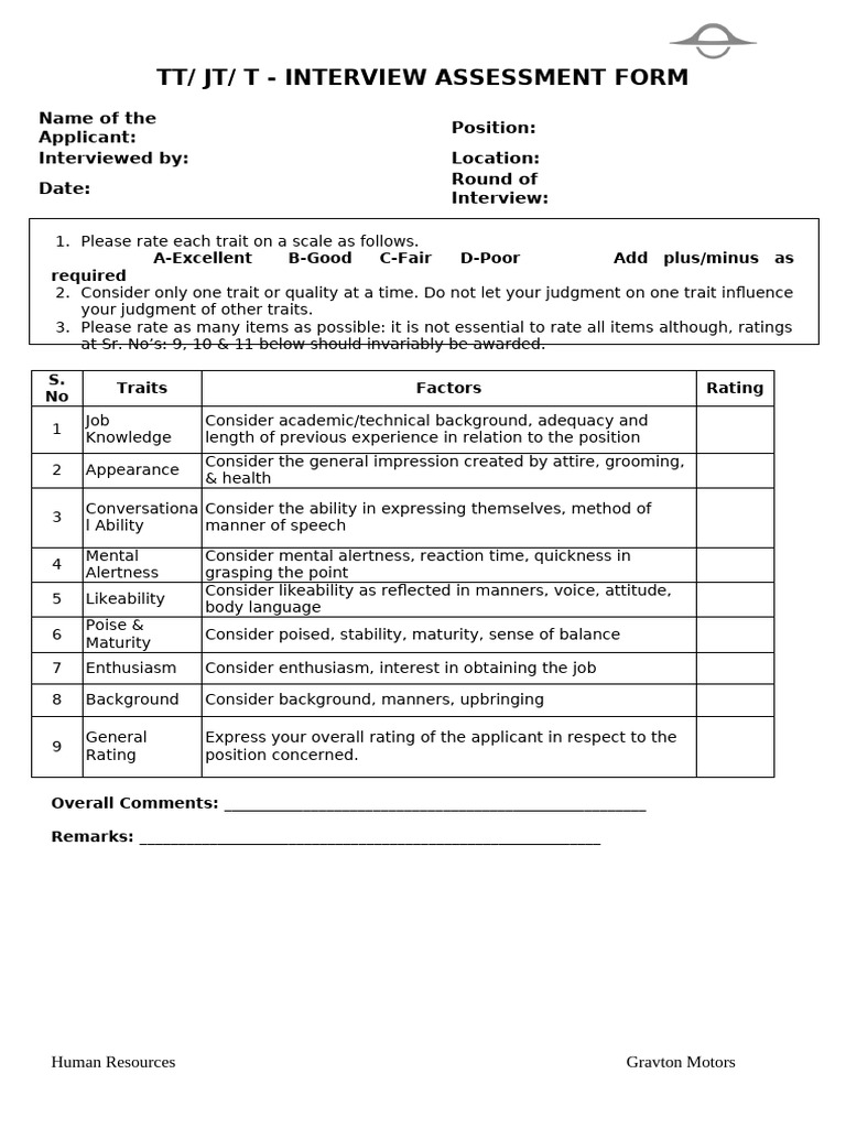 Interview Assessment Form - Technicians | PDF