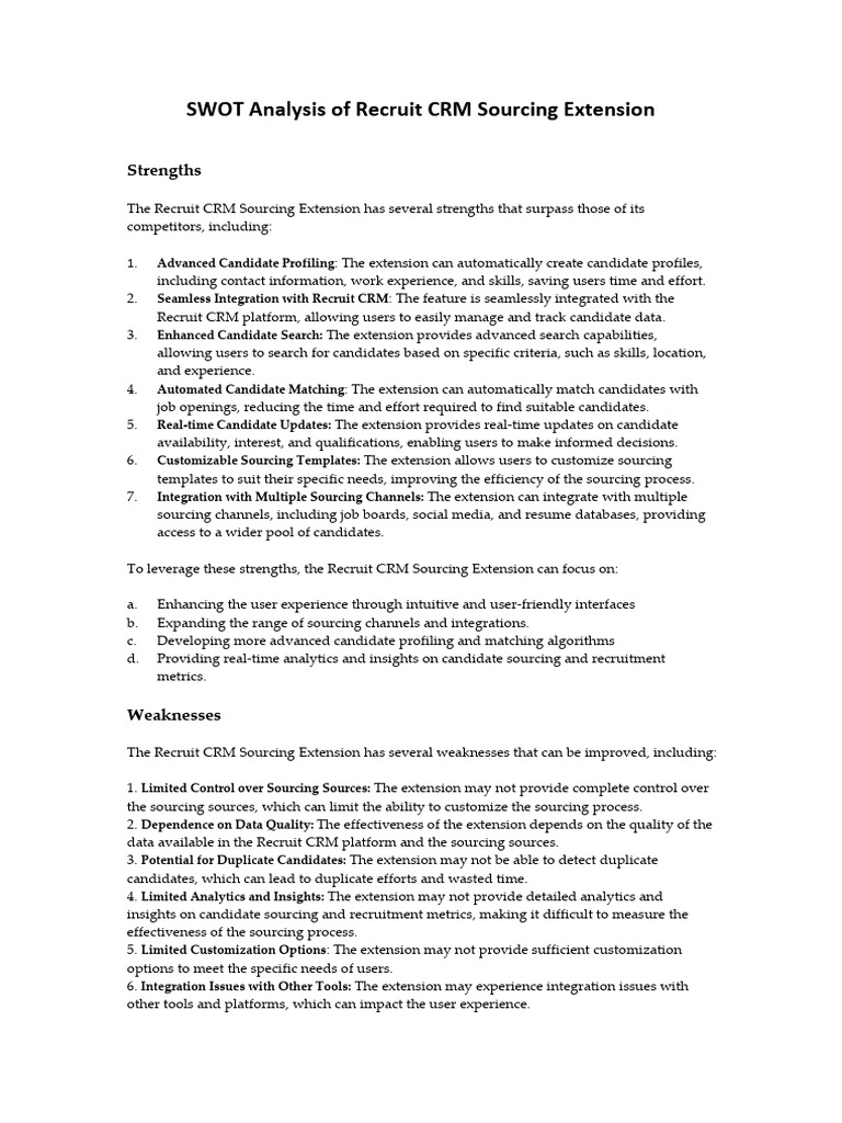 SWOT Analysis of Recruit CRM Sourcing Extension | PDF | Customer Relationship Management | Analytics