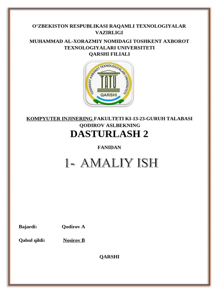 1-Amaliy - Ish - Dasturlash Q.A | PDF | Computer Programming | C++