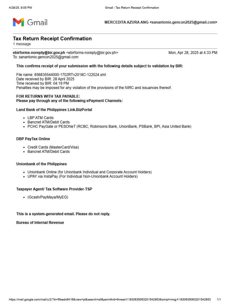 Gmail - Tax Return Receipt Confirmation | PDF