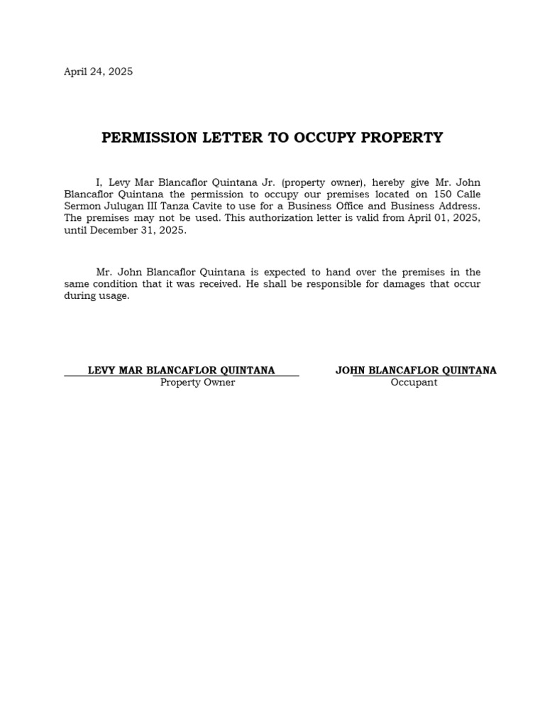 Permission to Occupy Property Letter | PDF