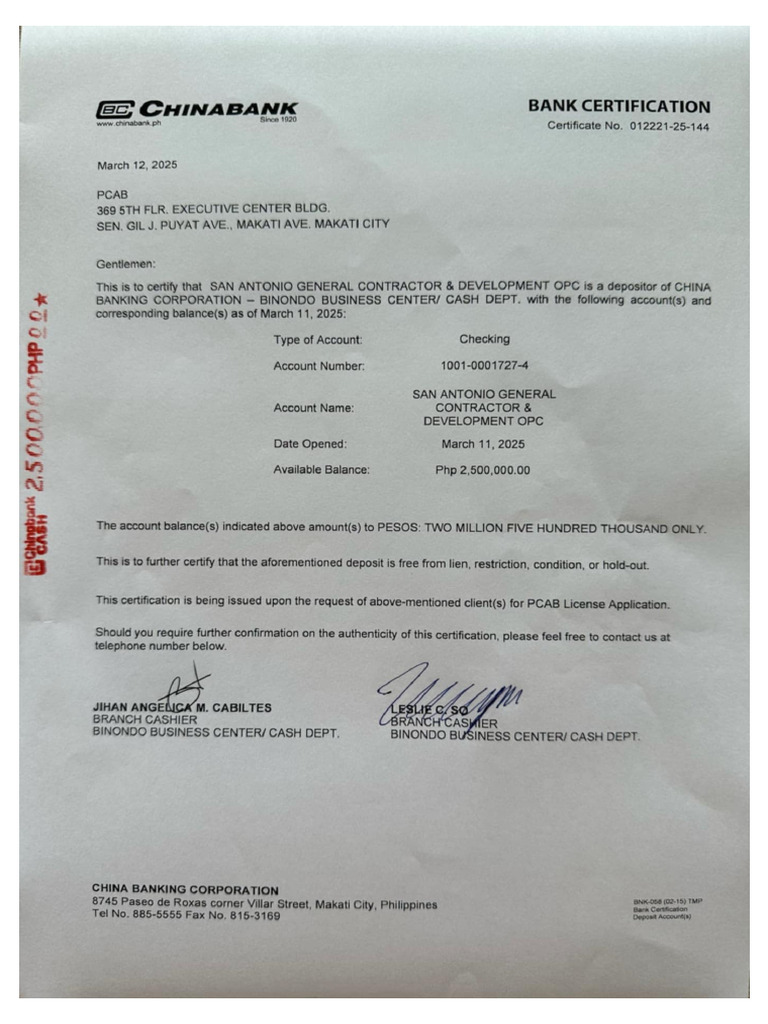 Bank Certificate - 2025 | PDF