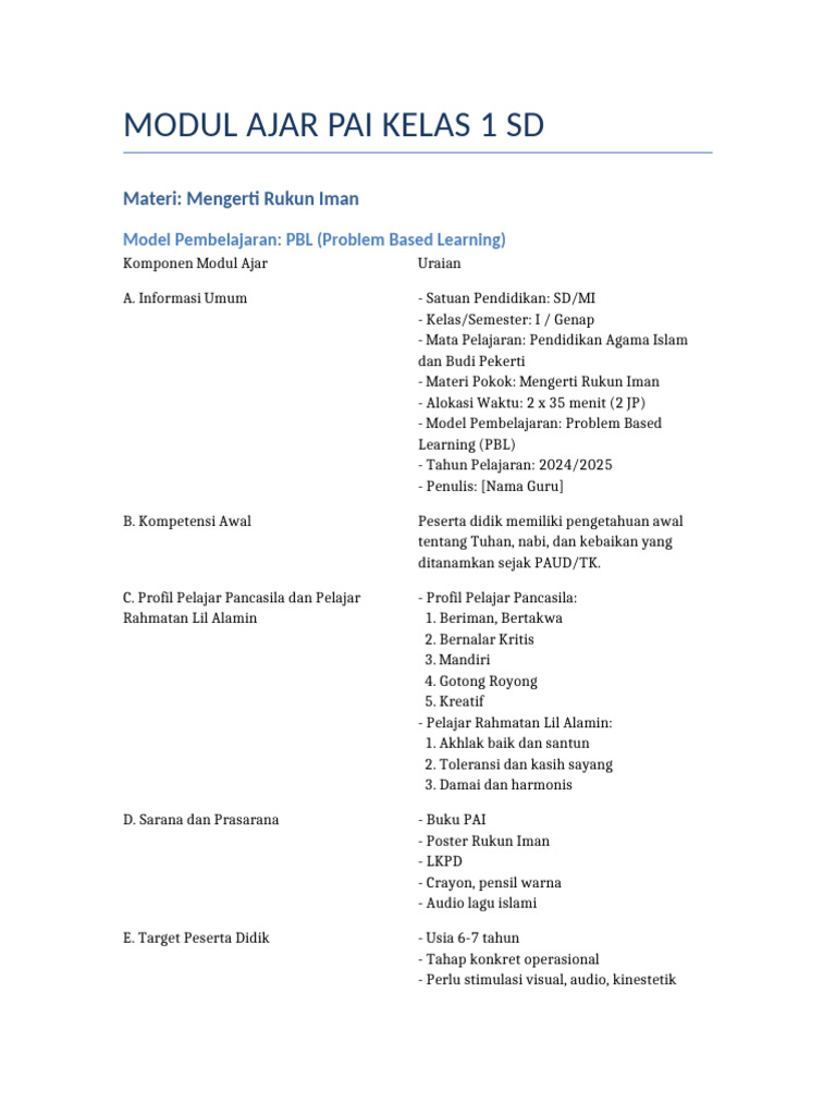 Modul Ajar PAI Kelas 1 Rukun Iman PBL | PDF