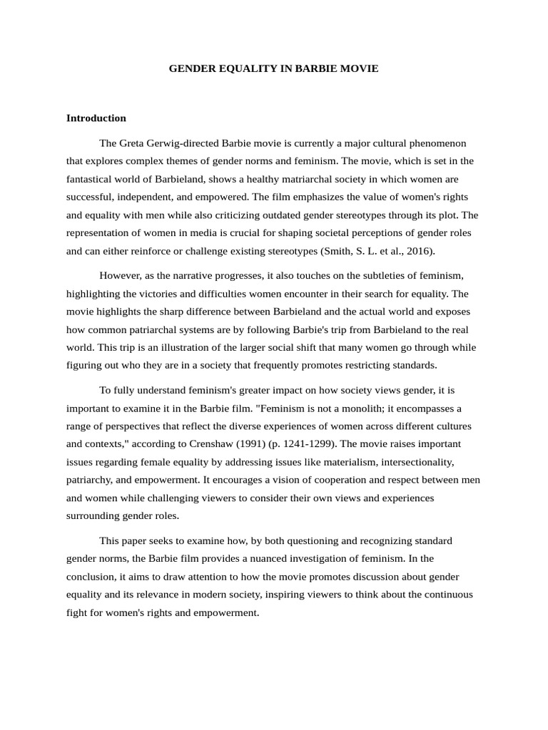 GENDER EQUALITY IN BARBIE MOVIE (1) .Docx Finish | PDF | Gender Studies ...