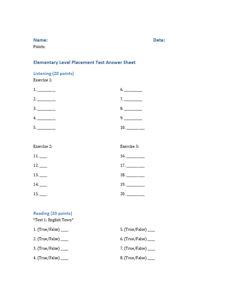 Elementary Test Answer Sheet | PDF