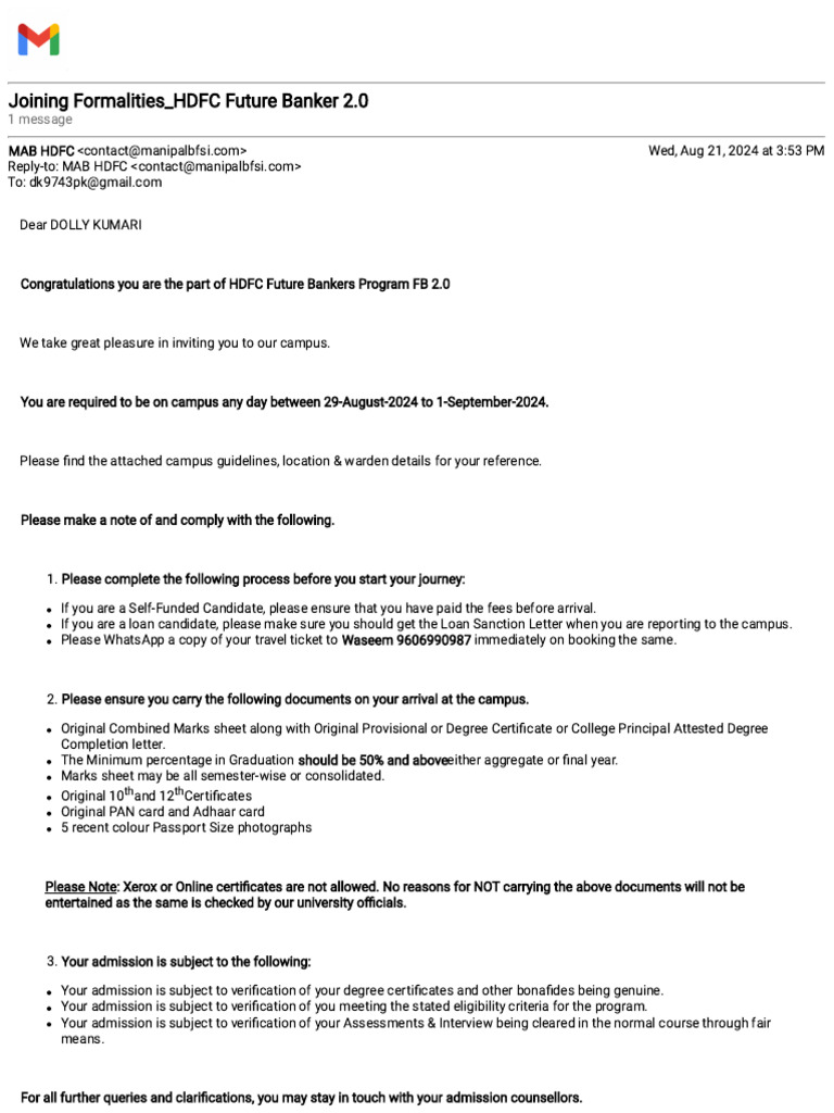 Gmail - Joining Formalities_HDFC Future Banker 2.0 | PDF
