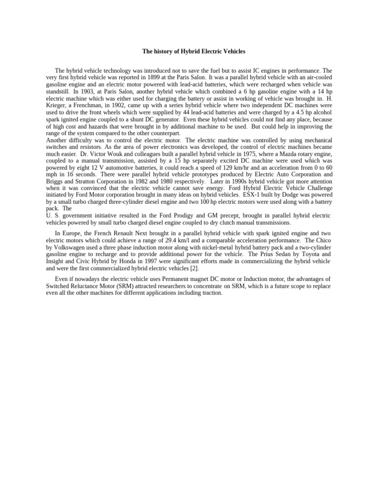 History of Hybrid Electrical Vehicle by Aimboothangal | PDF | Hybrid ...